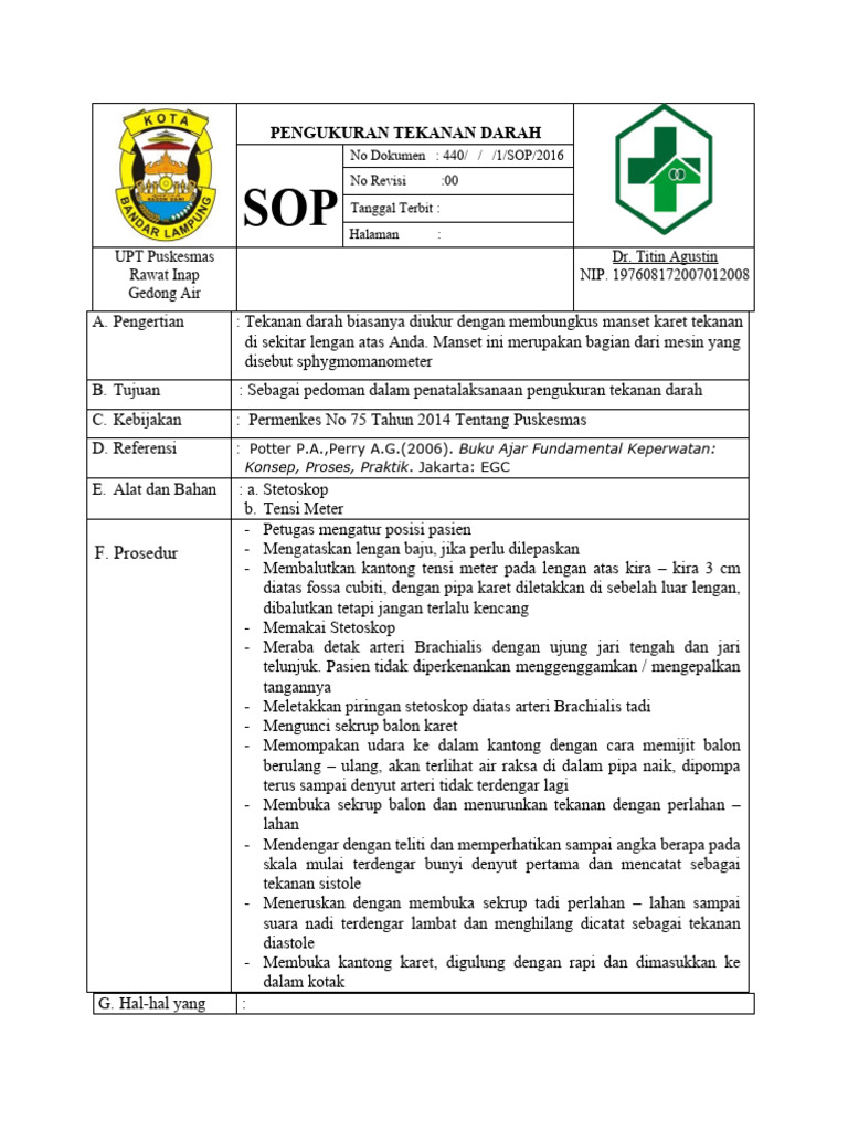 Sop Pengukuran Tekanan Darah | PDF