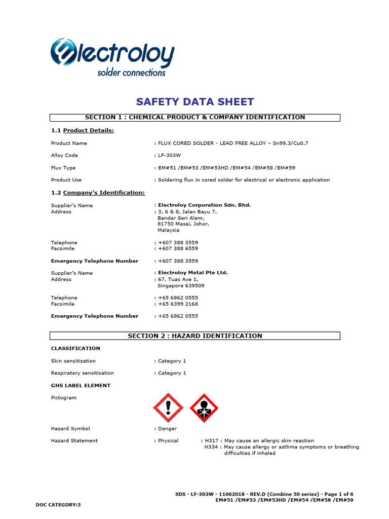 (LF303W) SDS Flux Cored Lead Free Wire Sn99.3Cu0.7 (LF-303W) REV.D ...