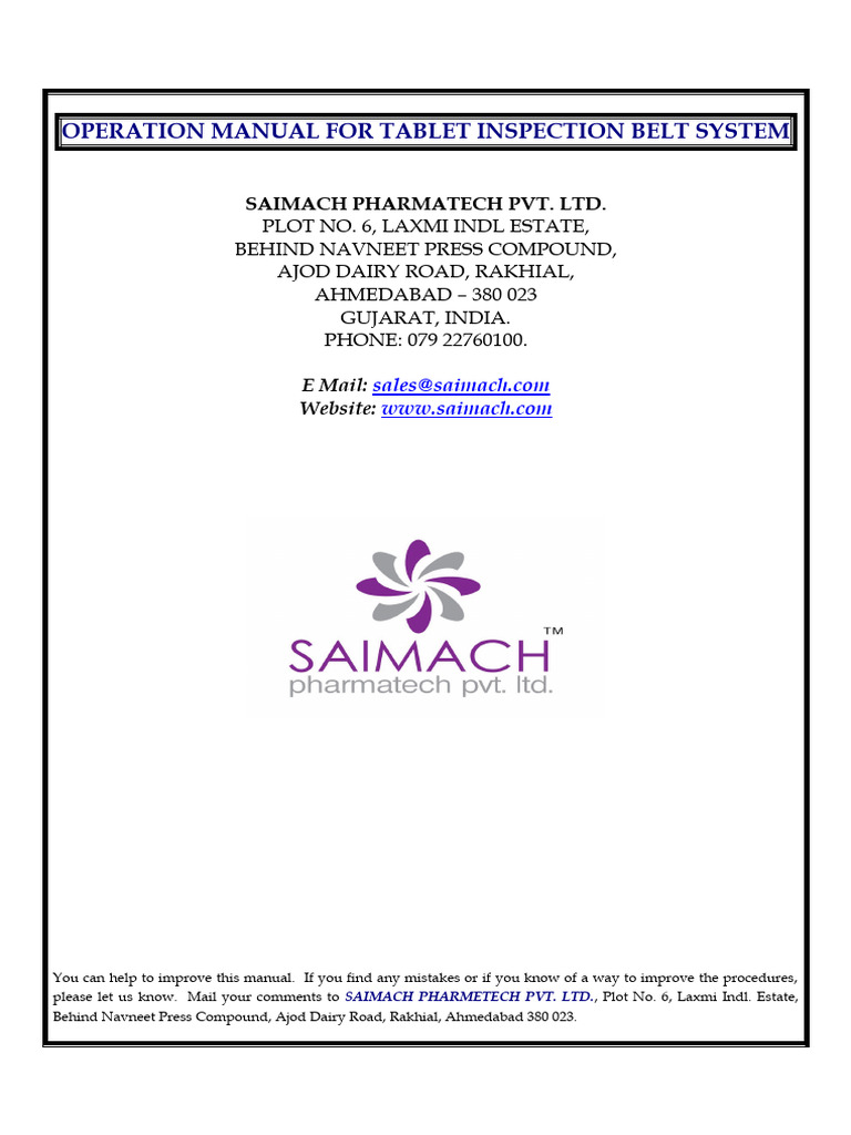 Operation Manual For Tablet Inspection | PDF | Electrician | Belt ...