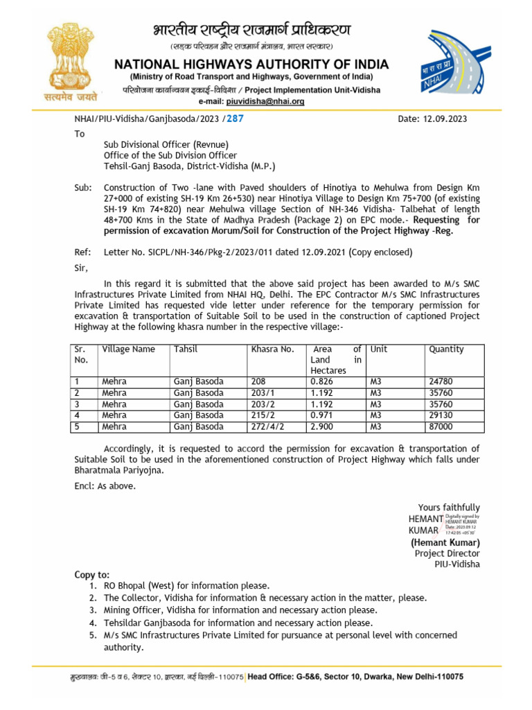 Letter 287 to SDM Basoda for permission of excavation_DS | PDF ...