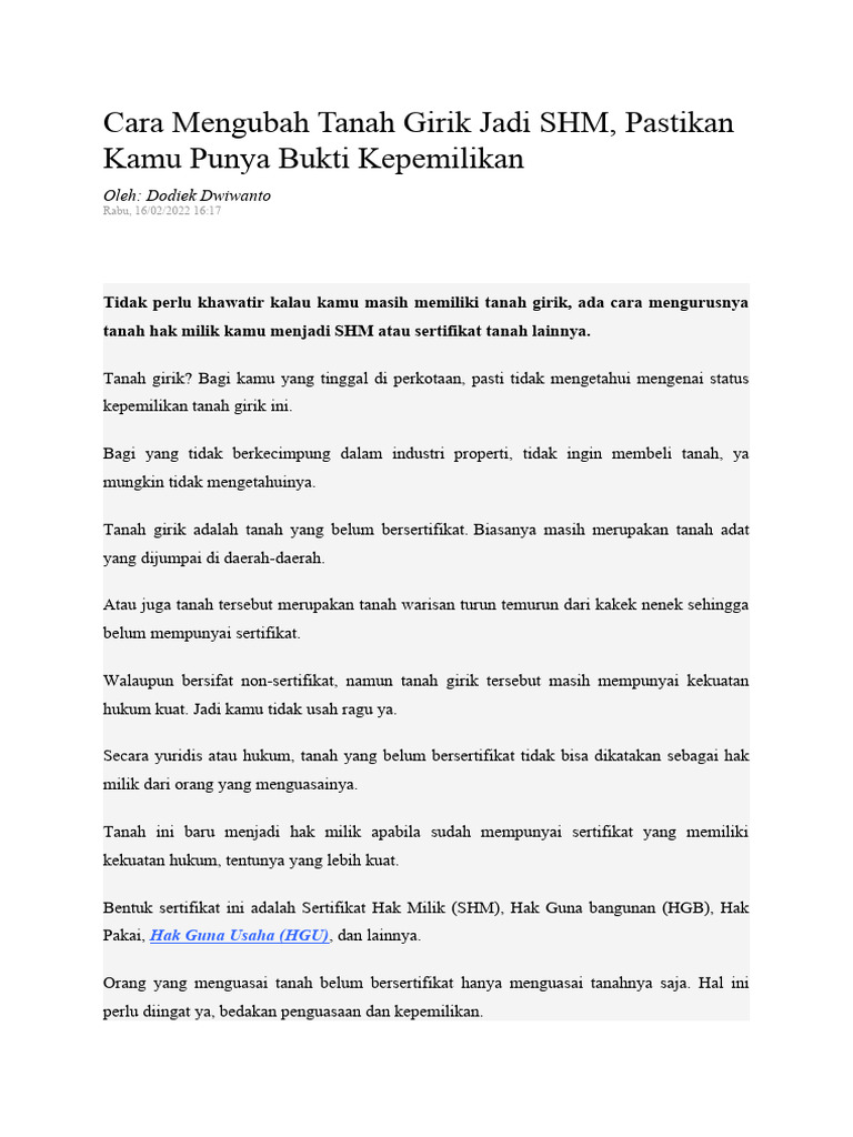 Cara Mengubah Tanah Girik Jadi SHM | PDF