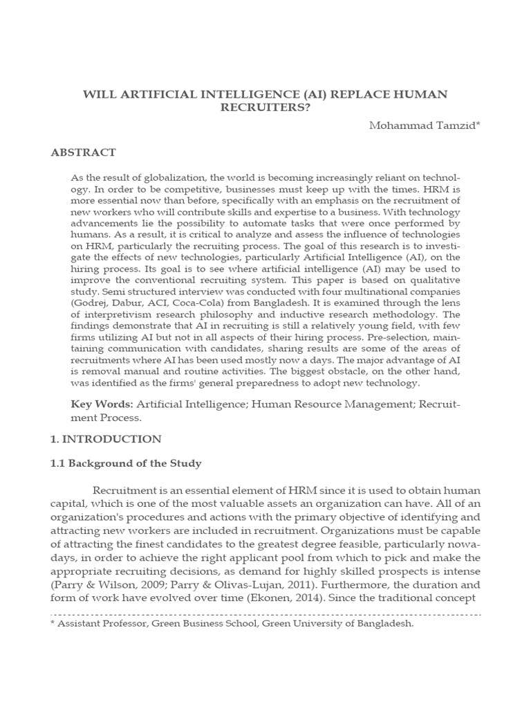 Will Artificial Intelligence AI Replace Human Recruiters? | PDF ...