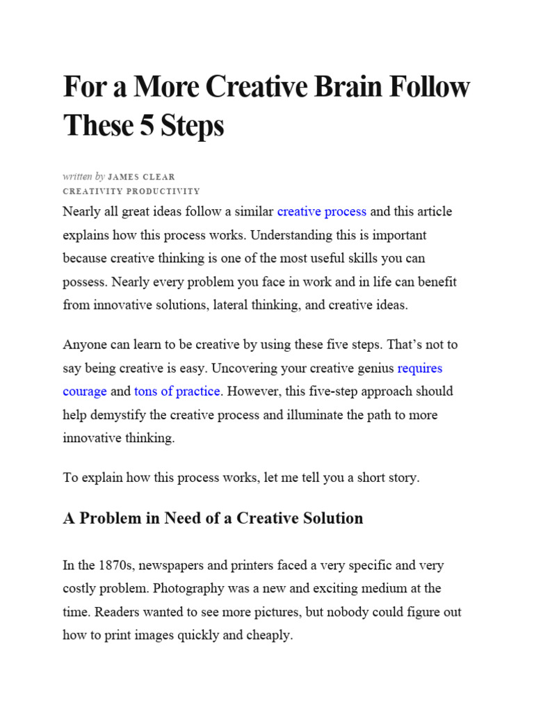 For A More Creative Brain Follow These 5 Steps | PDF | Creativity | Idea For A More Creative Brain Follow These 5 Steps | PDF | Creativity | Idea
