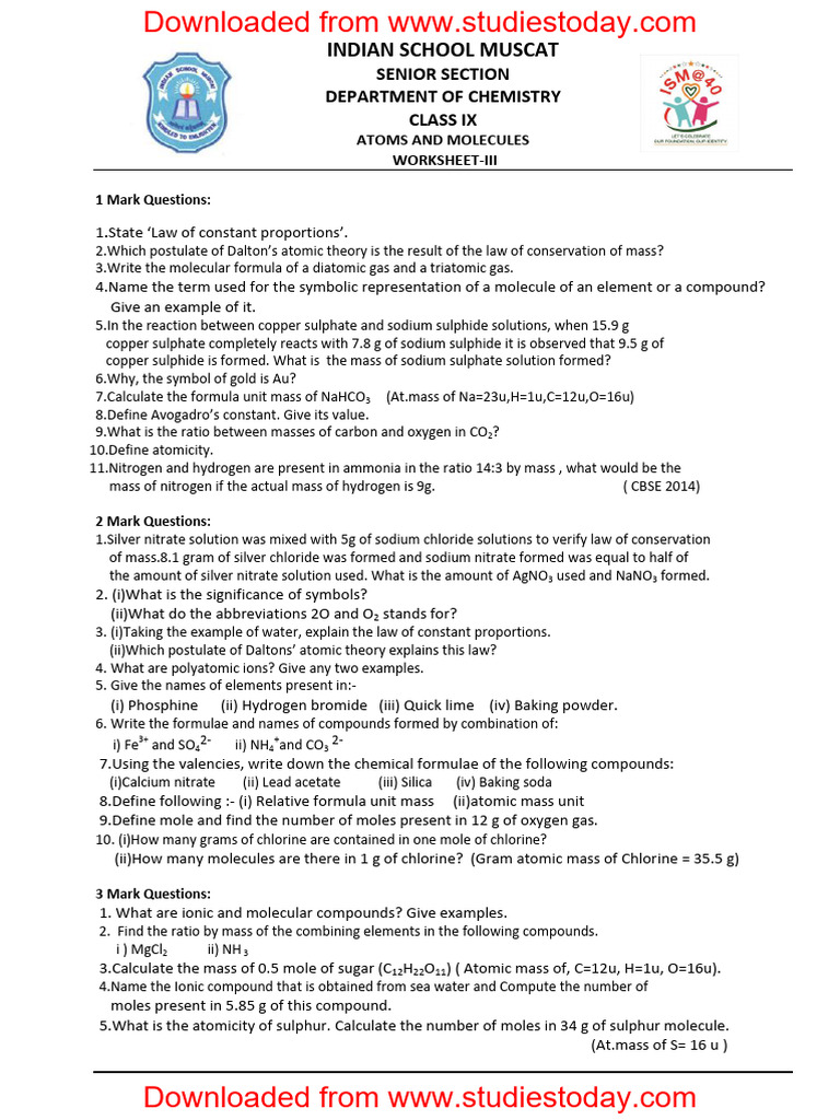 CBSE Class 9 Science Worksheet - Atoms and Molecules - 1 | PDF ...