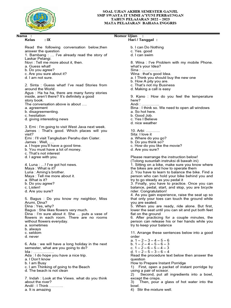 KOP SOAL ENGLISH Kelas 9 GANJIL TP 22 - 23 | PDF