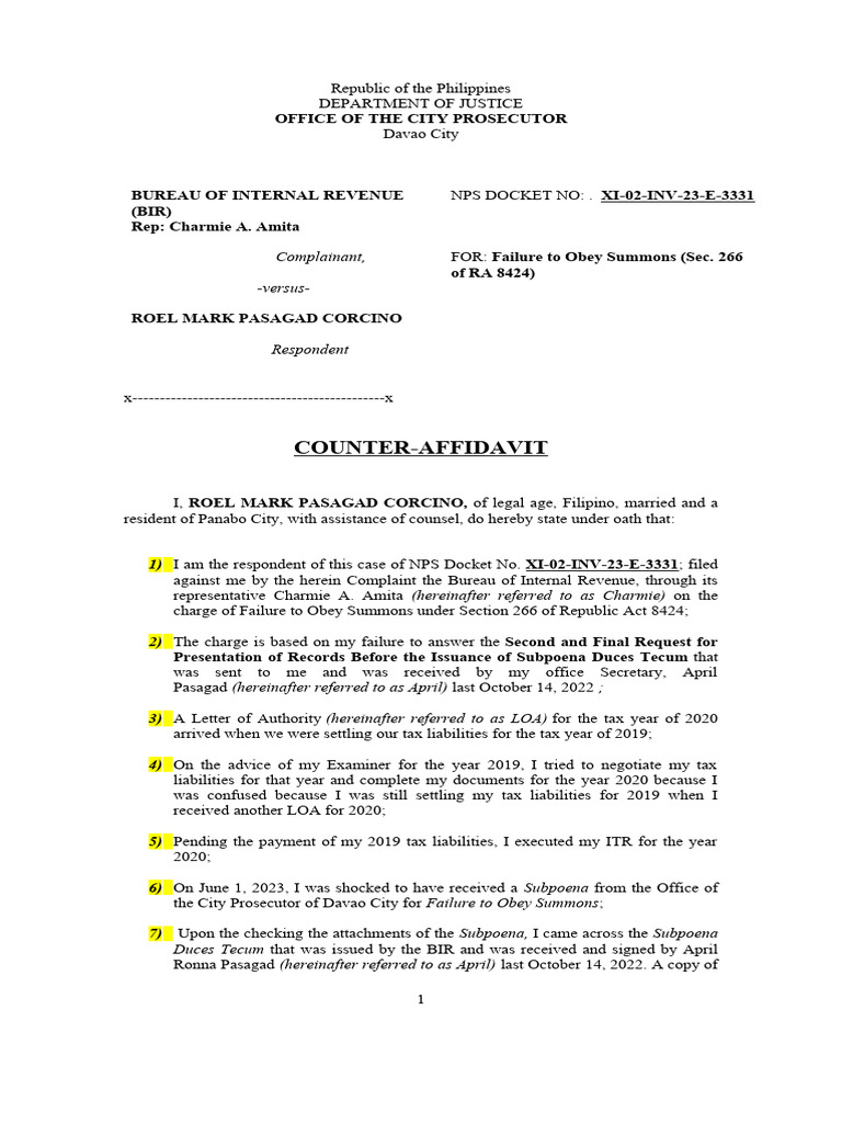 MyLegalWhiz - Counter-Affidavit | PDF | Affidavit | Service Of Process