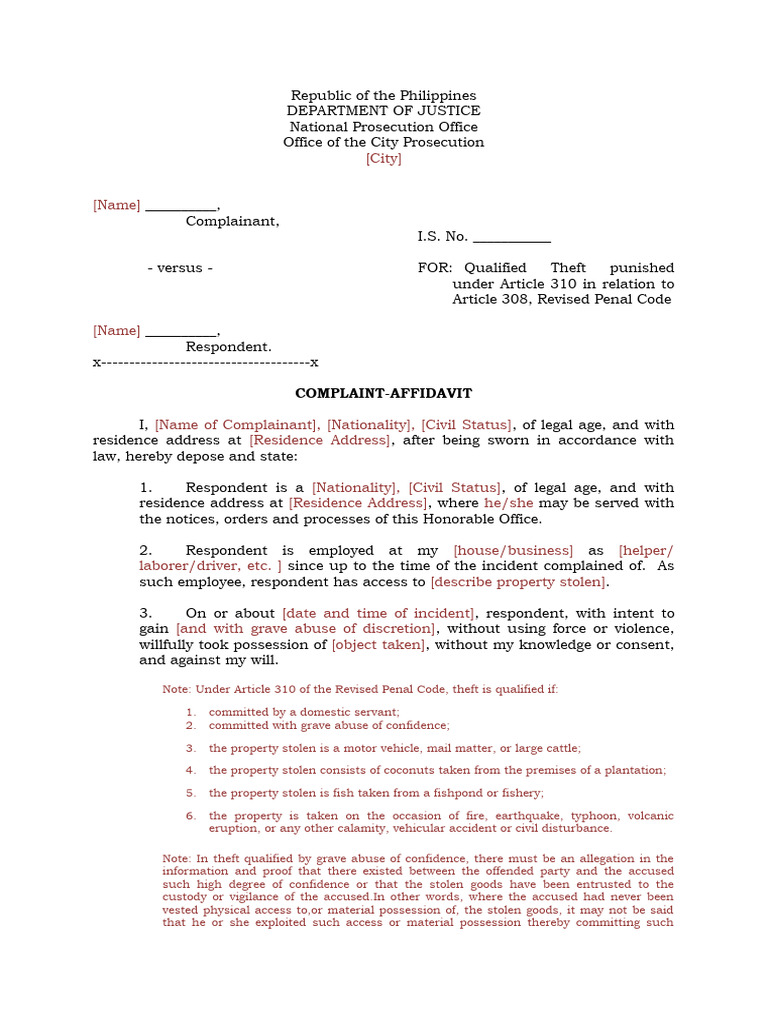MyLegalWhiz - Complaint Affidavit For Qualified Theft | PDF | Theft ...