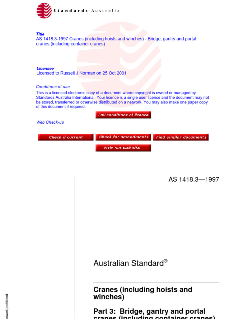 AS 1418.3-1997 Cranes - Including Hoists and Winches - Bridge, Gantry and Portal Cranes ...