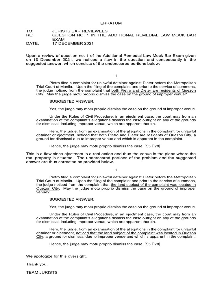 Erratum On Additional Remedial Law Mock Bar | PDF | Complaint | Public Sphere
