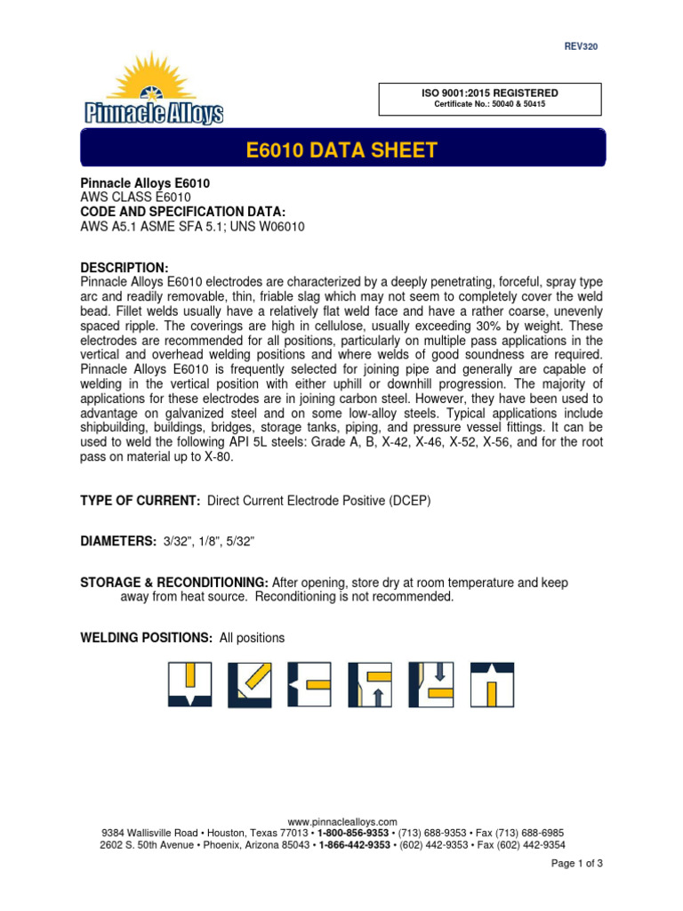 E6010 Data Sheet Iso 9001 2015 Registered Pdf Construction Welding