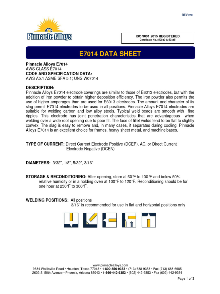 E7014 Data Sheet: ISO 9001:2015 REGISTERED | PDF | Construction | Welding