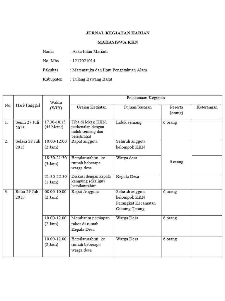 Jurnal Kegiatan Harian Kkn-Aska | PDF