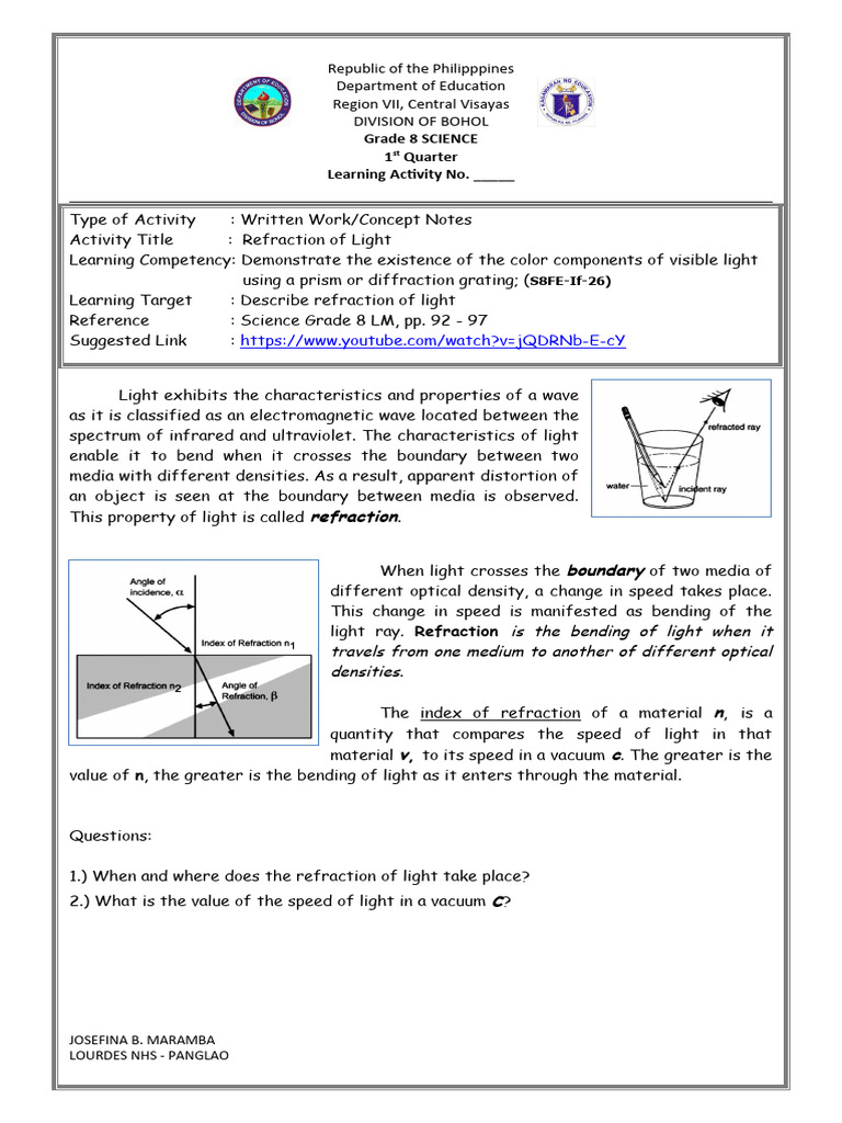 Act 1 - Light - Refraction of Light | PDF