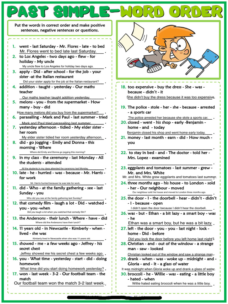 Past Simple Tense Word Order Exercise Worksheet-1 | PDF