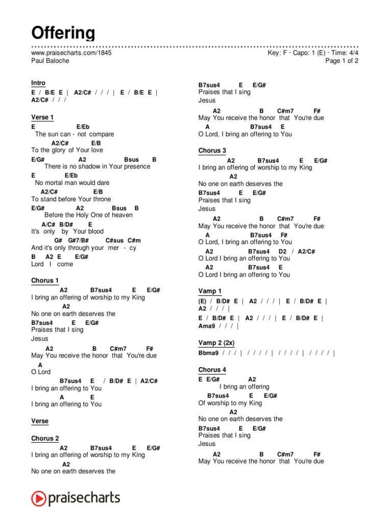 Offering (Paul Baloche) Chord Chart - F - 2 Column Layout | PDF