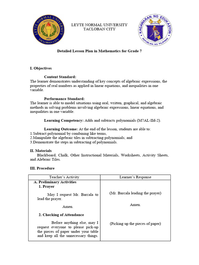 Lesson Plan para TTL | Download Free PDF | Subtraction | Algebra