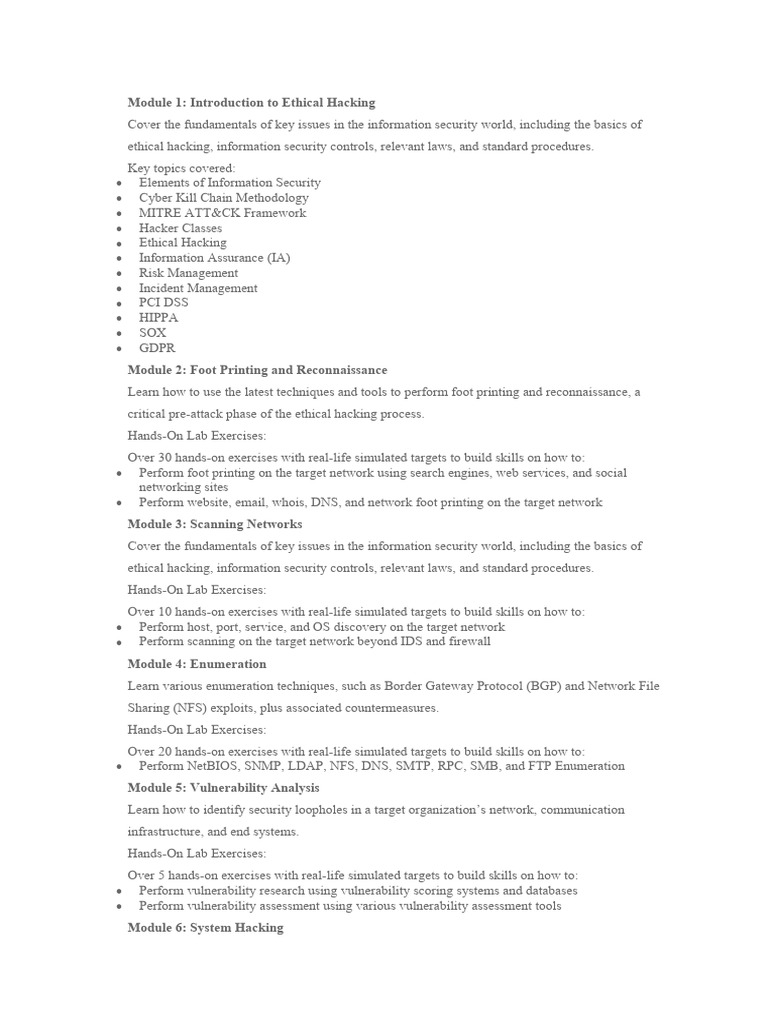 Ethical Hacking Course Modules | PDF | Malware | Denial Of Service Attack