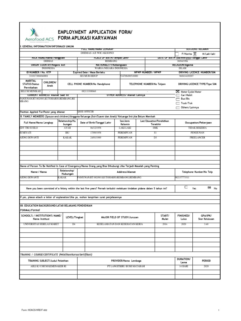 Form Aplikasi Pelamar - Dhimas Aji Wicaksono | PDF