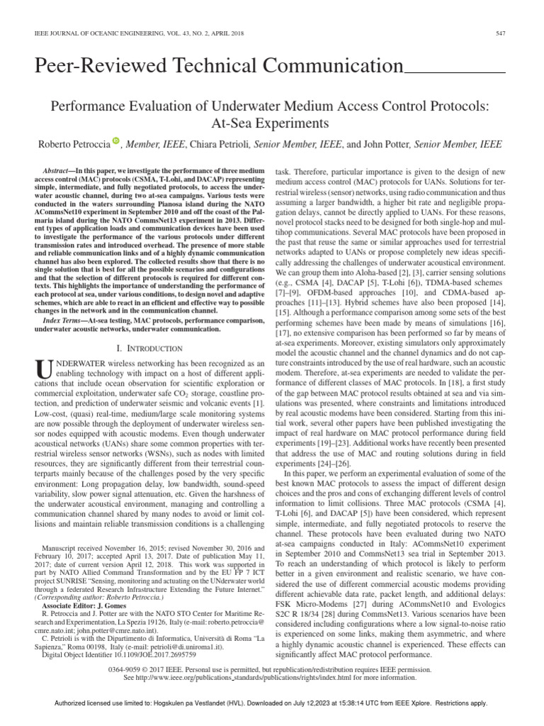 Performance Evaluation of Underwater Medium Access Control Protocols At-Sea Experiments | PDF ...