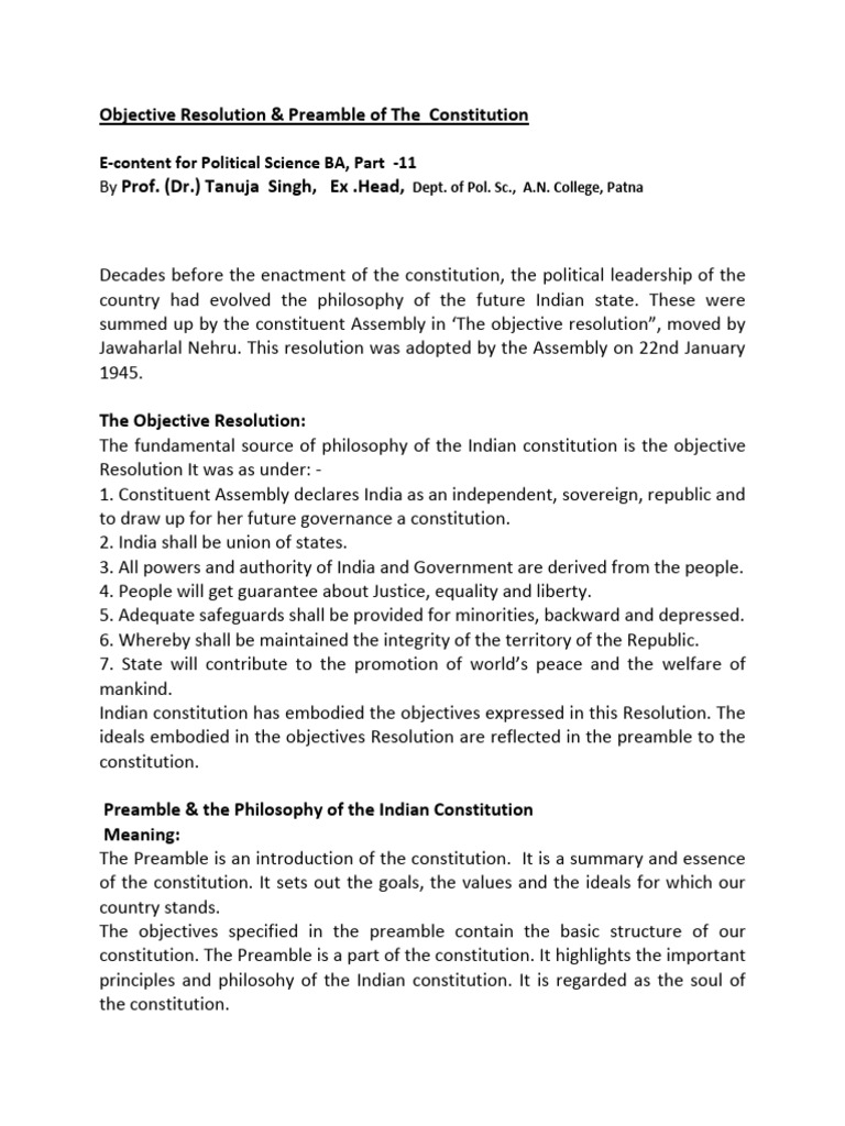 Tanuja Singh E-Content For BA 2 On Objective Resolution & Preamble ...