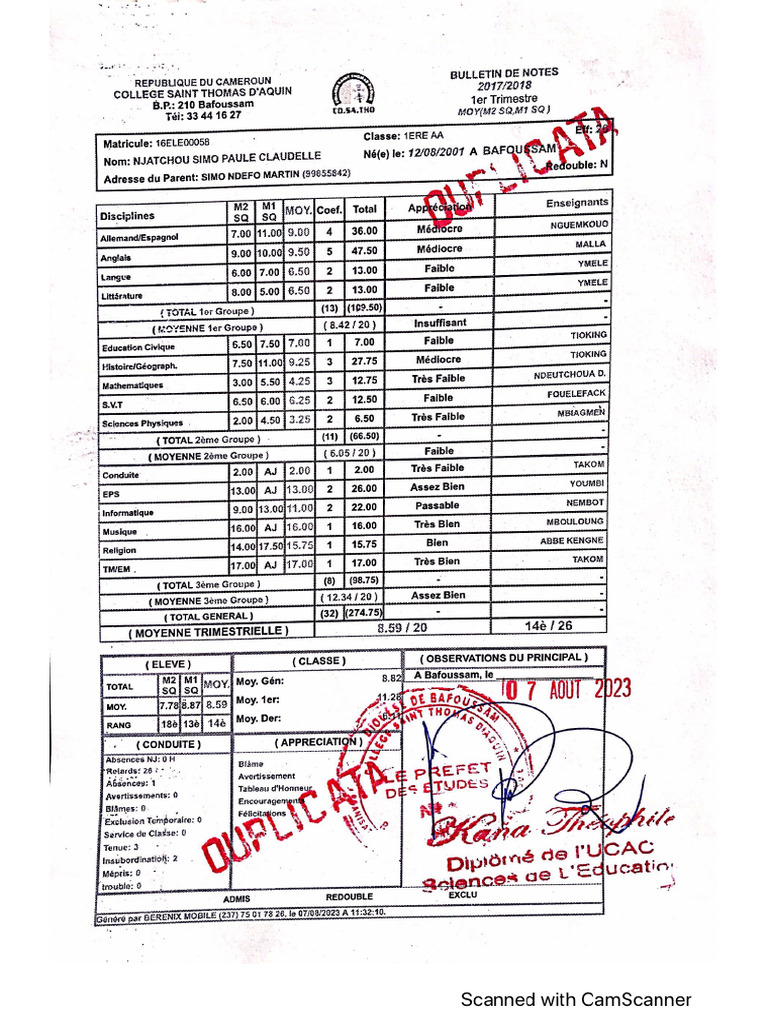 Bulletin de Notes Premiere Simo | PDF