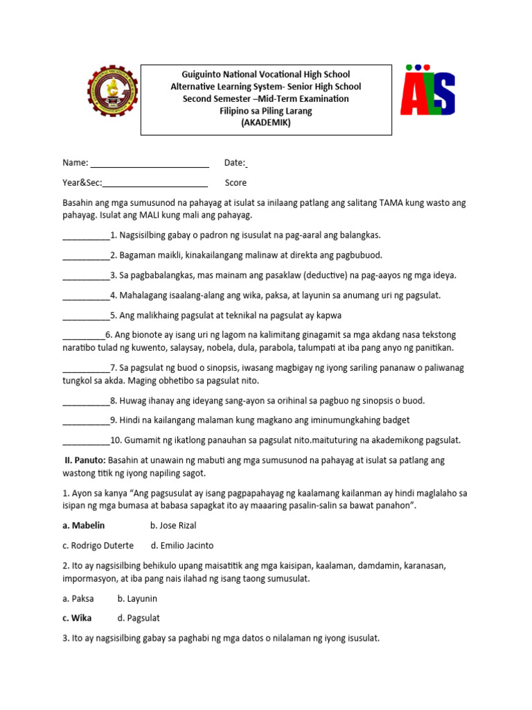 Filipino Sa Piling Larang Mid Term Exam Questioner | PDF