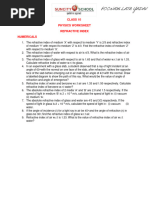 Worksheet Refractive Index Numericals CH - 10 Light Class - X | PDF ...