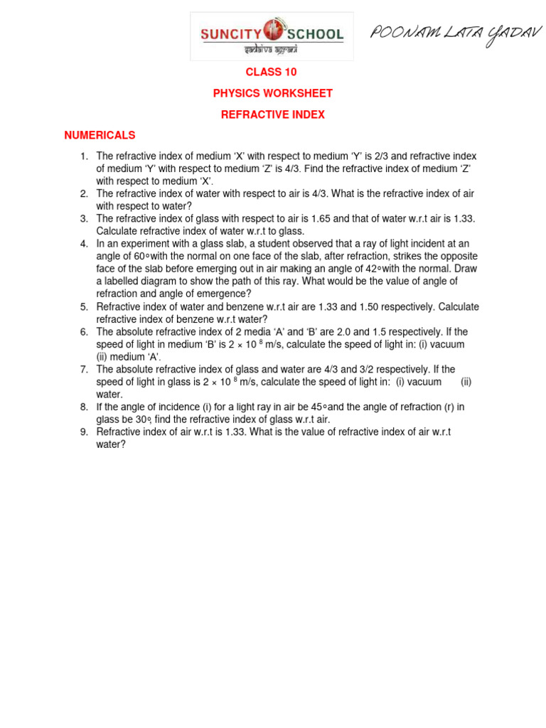 Class 10 Physics: Refractive Index | PDF