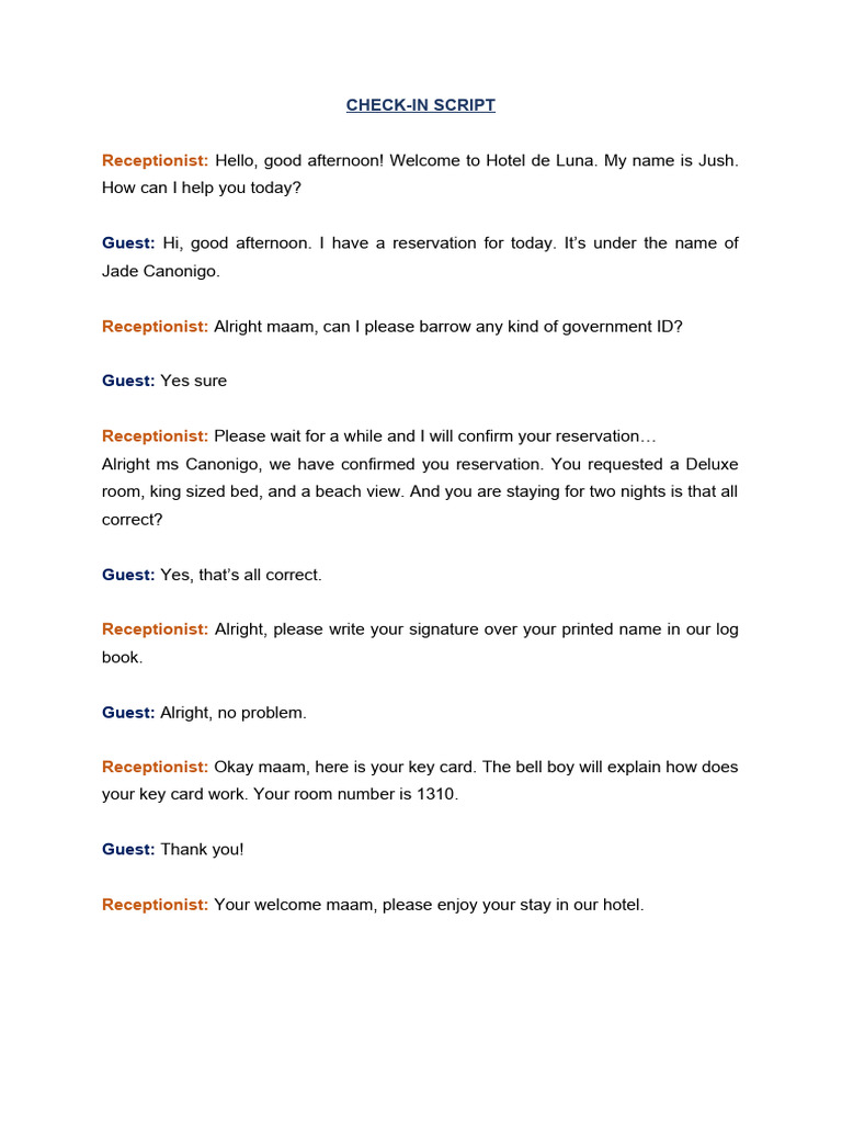 Canonigo Check-In Bellservice Script | PDF
