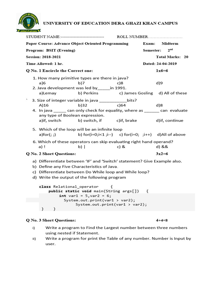 2nd Semester Paper BSCS Java | PDF