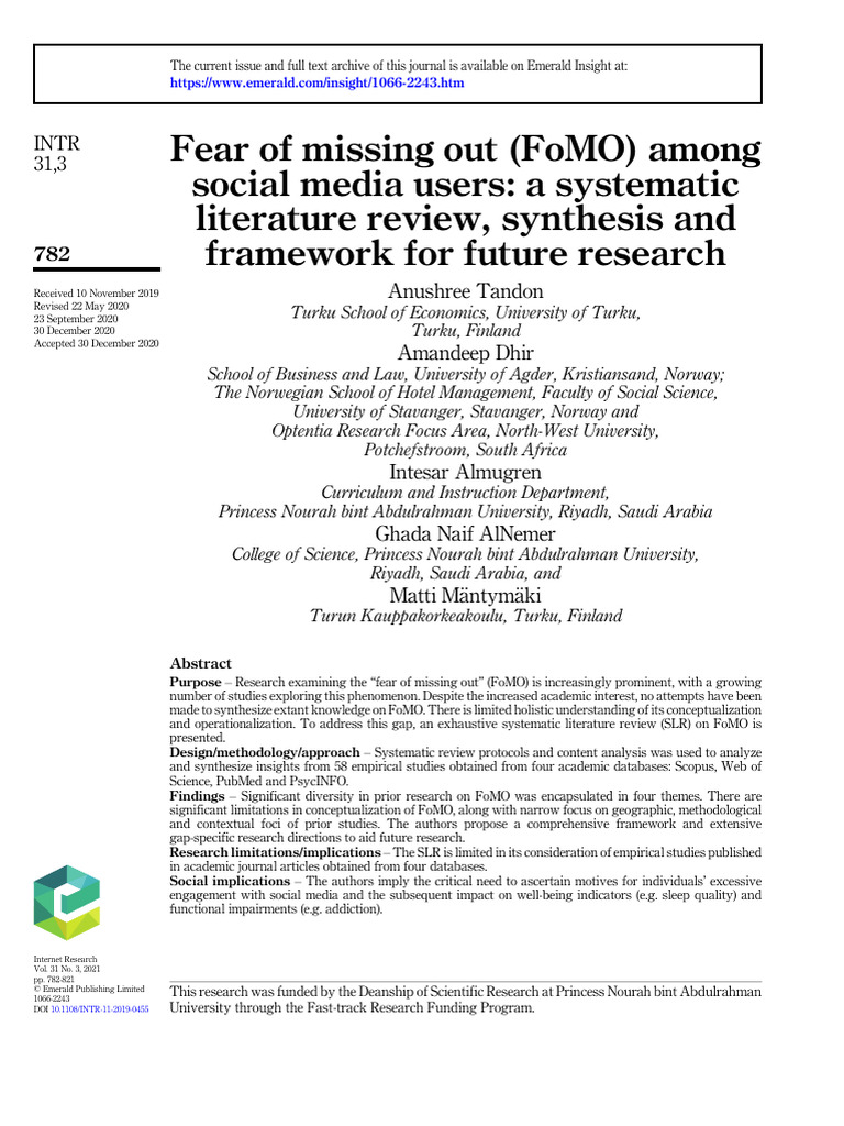Fear of Missing Out (FoMO) Among Social Media Users A Systematic ... Fear of Missing Out (FoMO) Among Social Media Users A Systematic ...