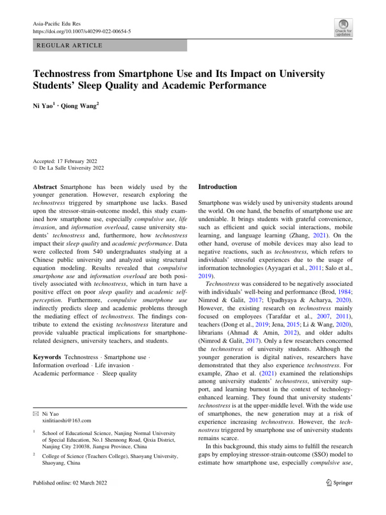 Technostress From Smartphone Use and Its Impact On University Students' Sleep Quality and ...