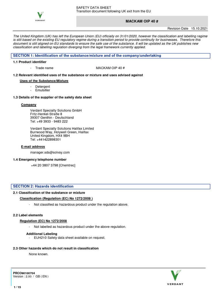 Mackam OIP 40 Sds | PDF | Toxicity | Waste Management