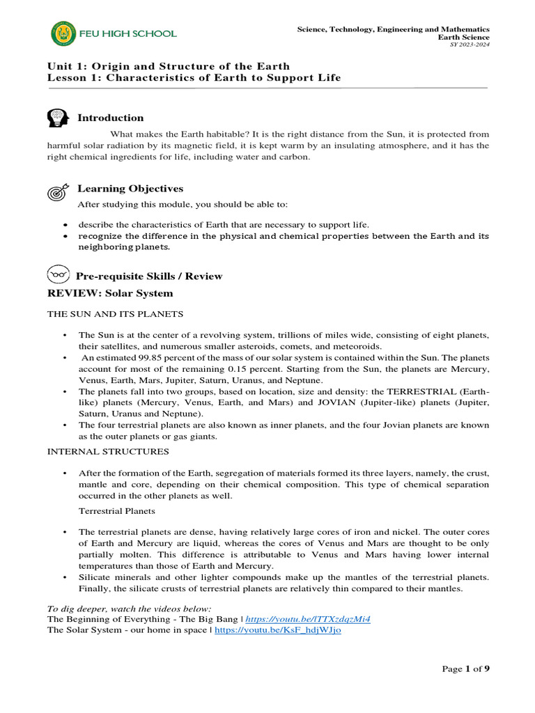 Characteristics of Earth To Support Life | PDF | Earth | Planets