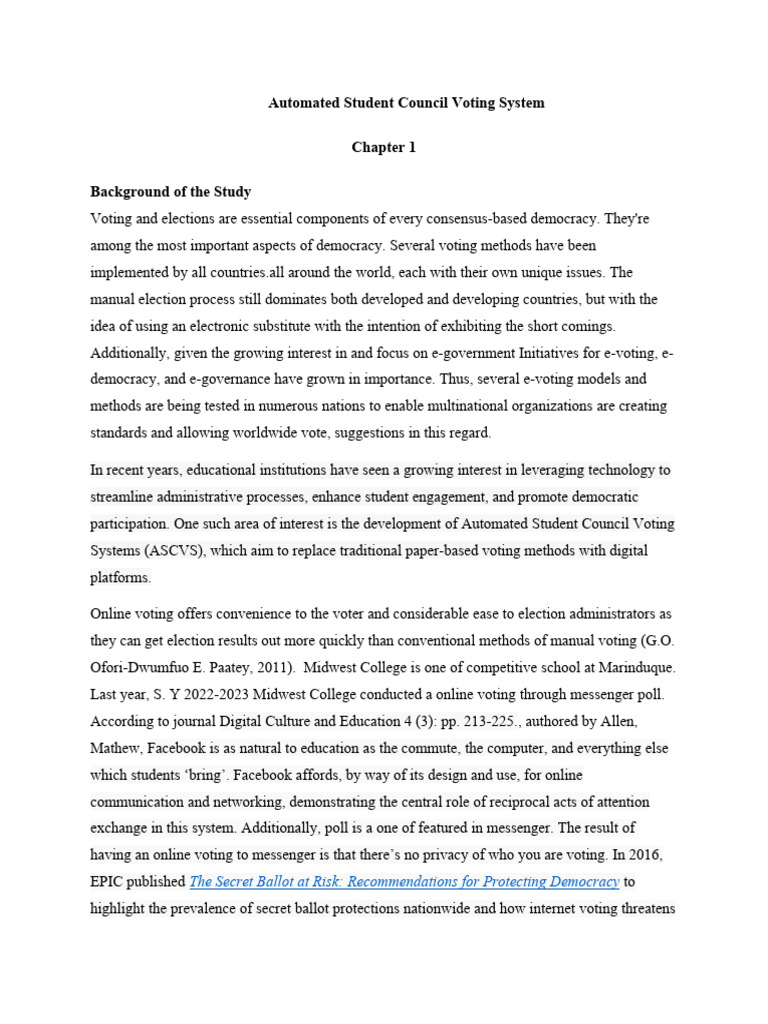 Developing An Automated Student Council Voting System Chapter 1 | PDF | Electronic Voting | Voting
