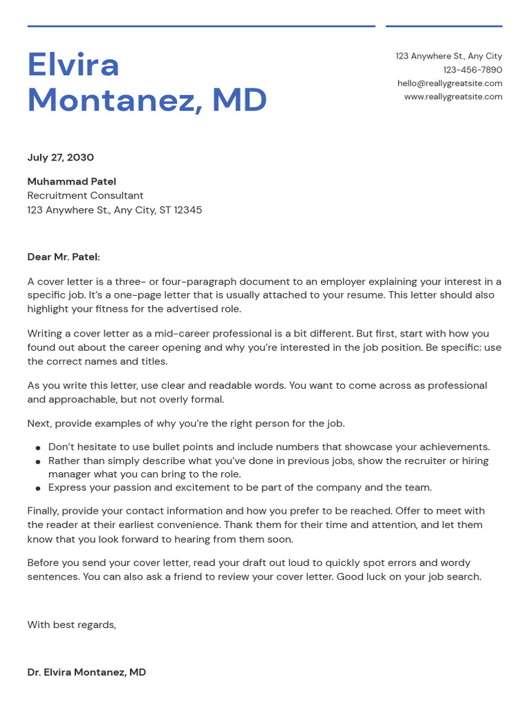 Cover Letter Doc in Blue White Clean Style | PDF