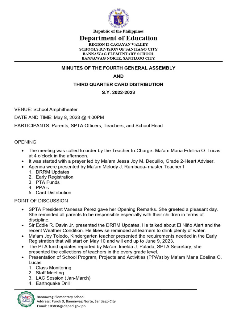 Minutes 4TH Spta Gen. Meeting | PDF