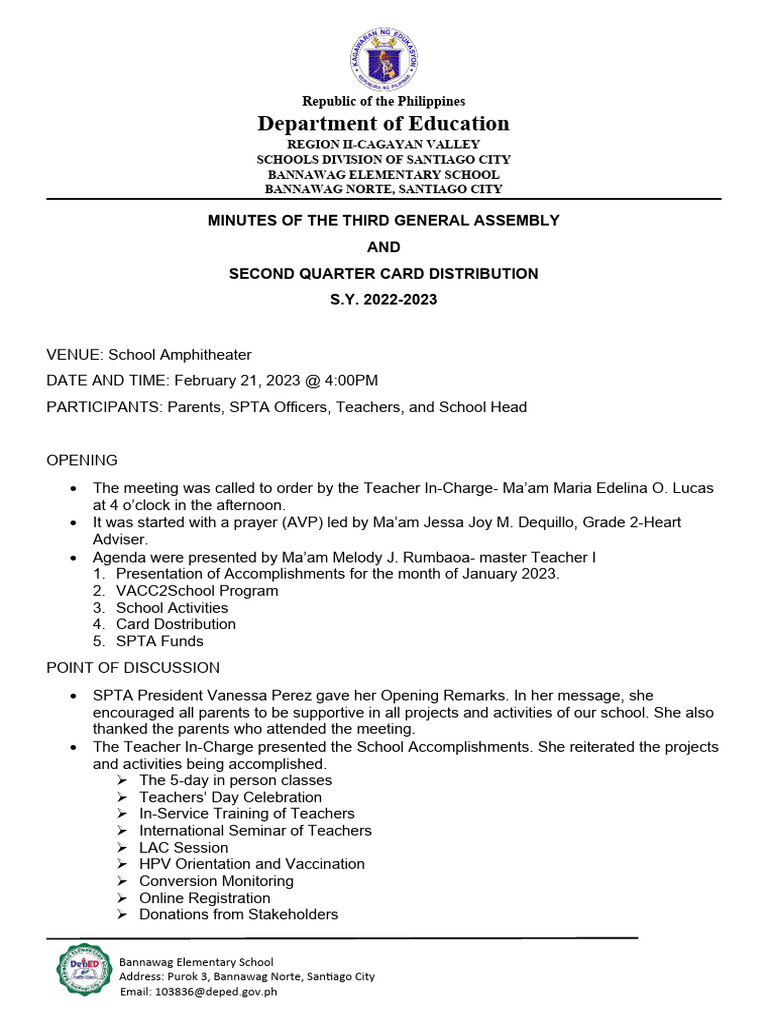 Minutes 3RD Spta Gen. Meeting | PDF