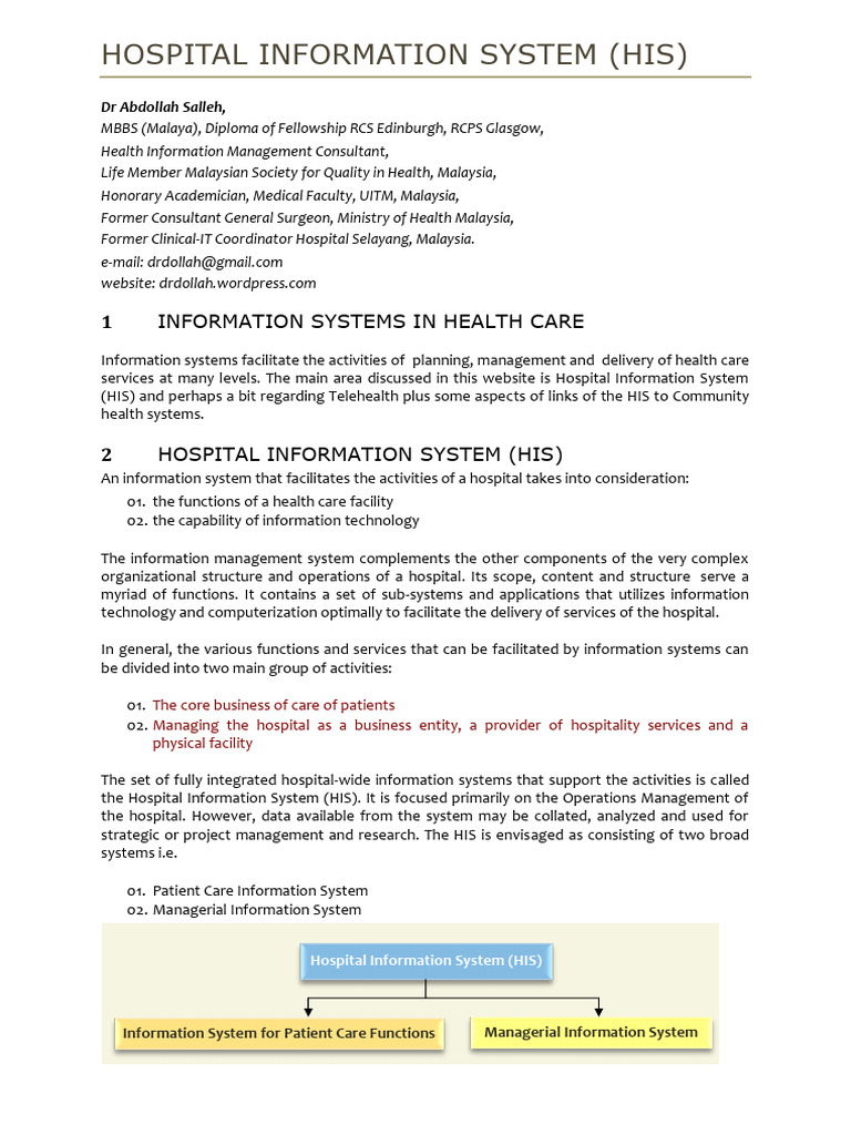 Overview of Hospital Information Systems | PDF | Electronic Health ...