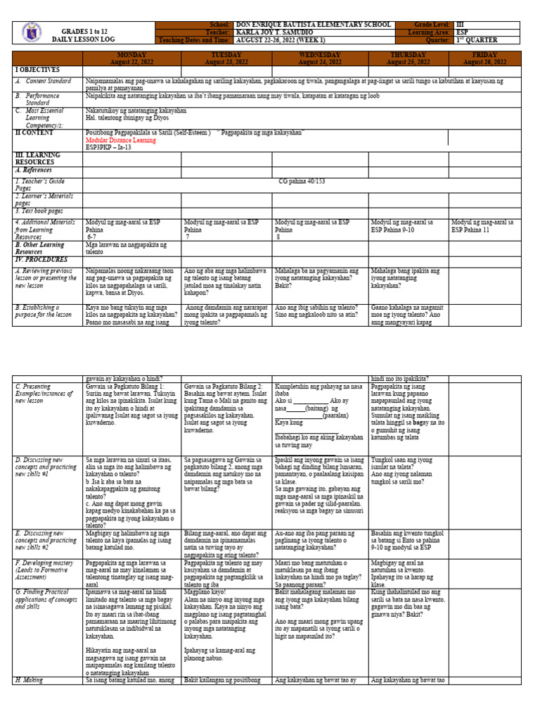 DLL Esp-3 Q1 W1 | PDF