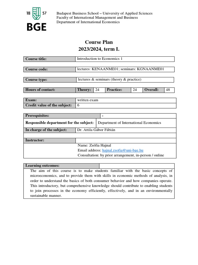 Introduction To Economics 1 - 2023-24-1 - Course Plan | PDF | Perfect ...