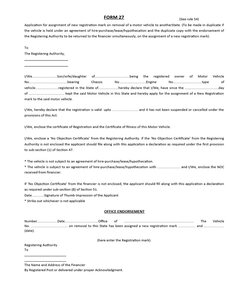 Form 27: Vehicle Registration Transfer | PDF | Vehicles | Transport