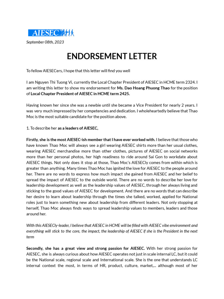 Endoresement Letter For Dao Hoang Phuong Thao | PDF