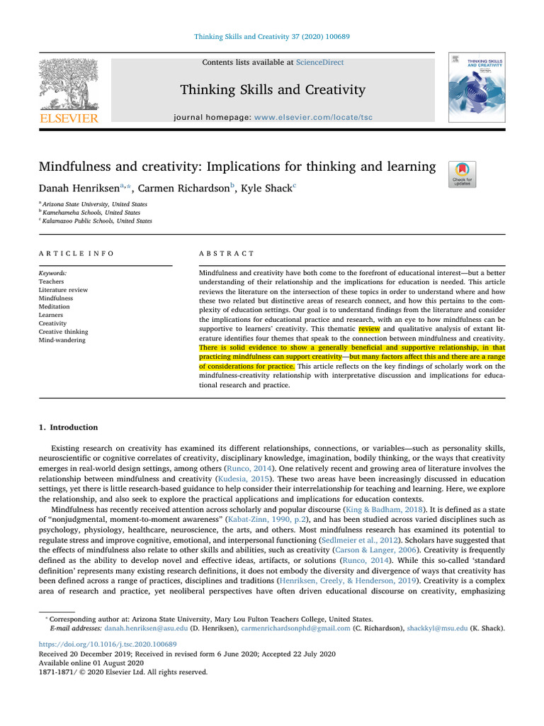 Mindfulness and Creativity Implications For Thinking and Learning | PDF ...
