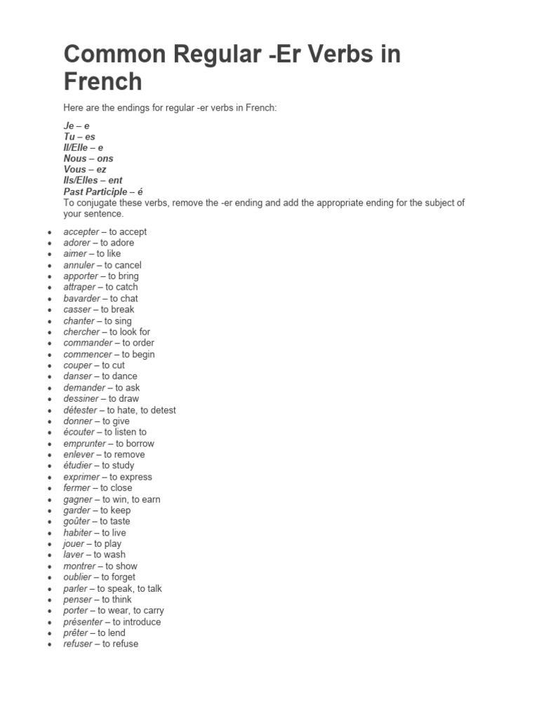 Common French Regular Verbs Guide | PDF | Grammatical Conjugation | Syntax