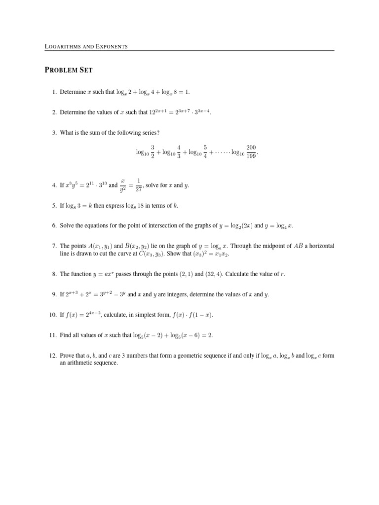 Problem Set - Logarithms and Exponents | PDF