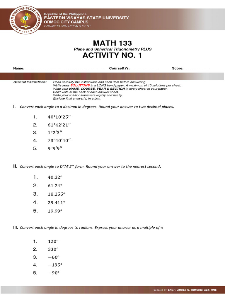 MATH 133 Activity1 | Download Free PDF | Trigonometry | Special Functions