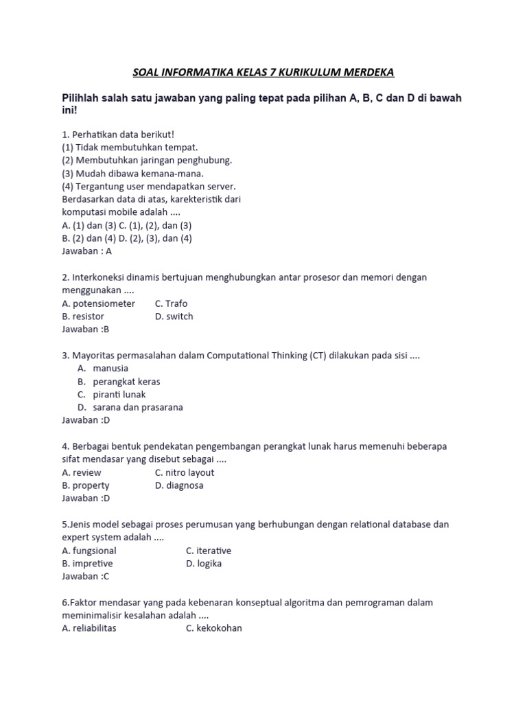 Soal Informatika Kelas 7 Kurikulum Merdeka | PDF | Game & Aktivitas