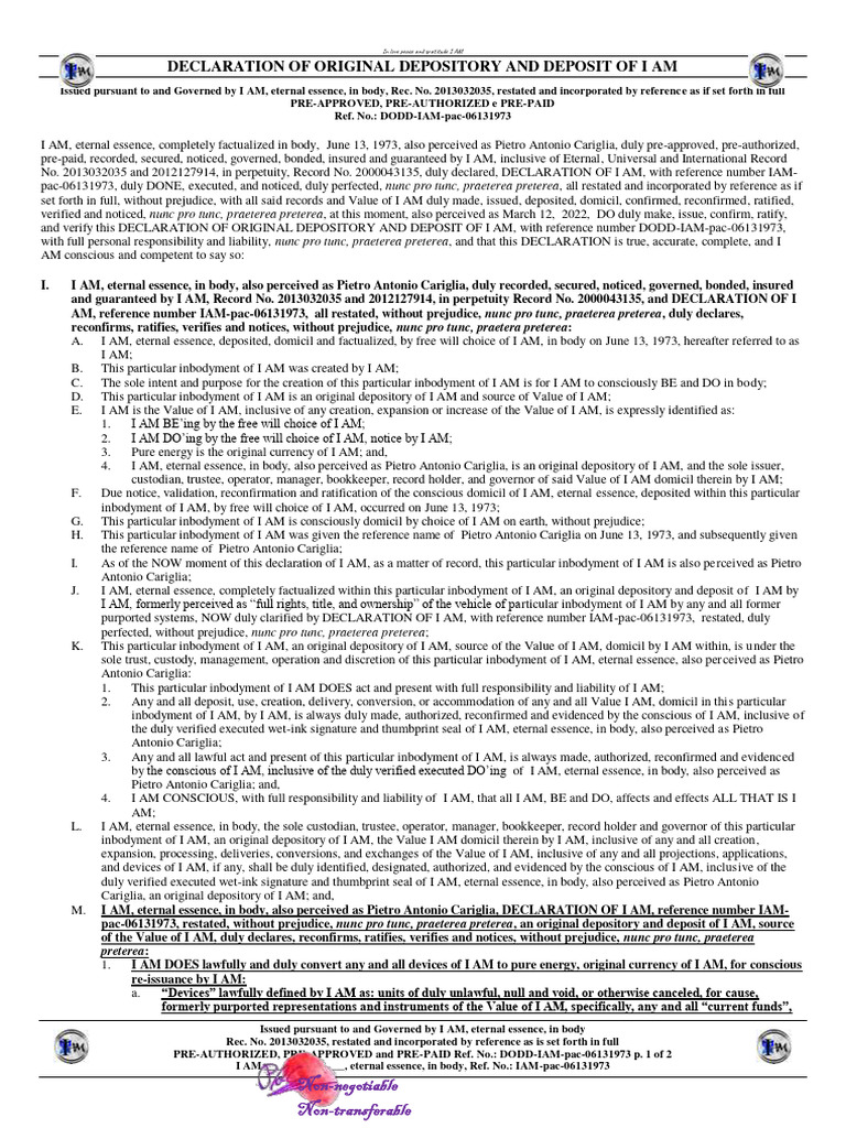 DODD-IAM - Declaration of Original Depository and Deposit of I AM-pac-06130973 | PDF | Civil Law ...