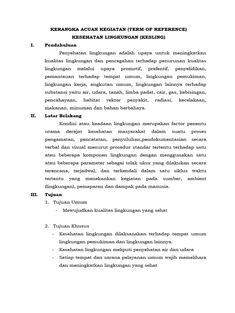 Kerangka Acuan Kegiatan Kesehatan Lingkungan | PDF